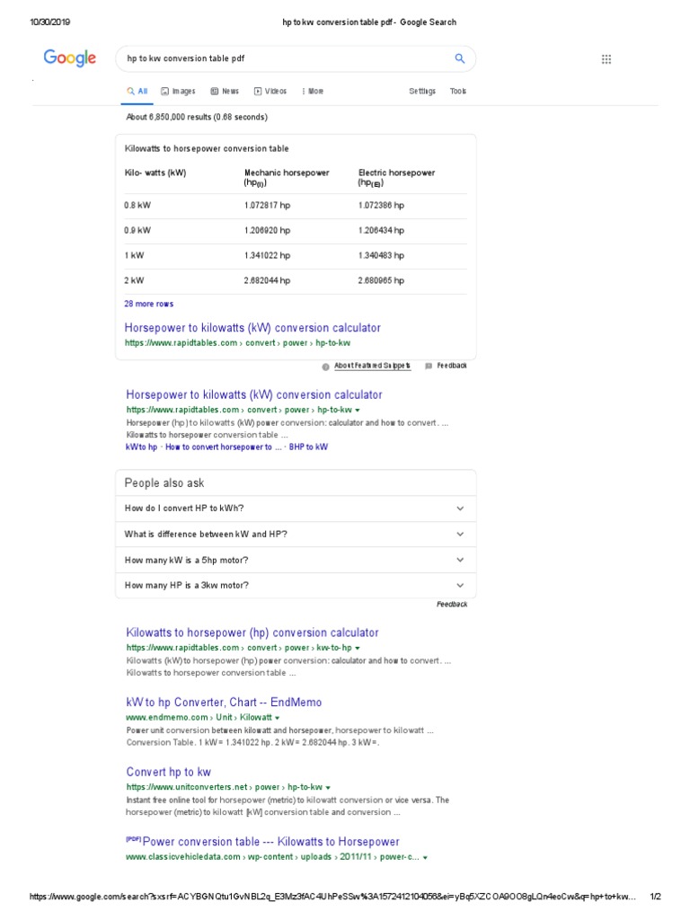 HP To KW Conversion Table PDF - Google Search | PDF | Horsepower | Watt