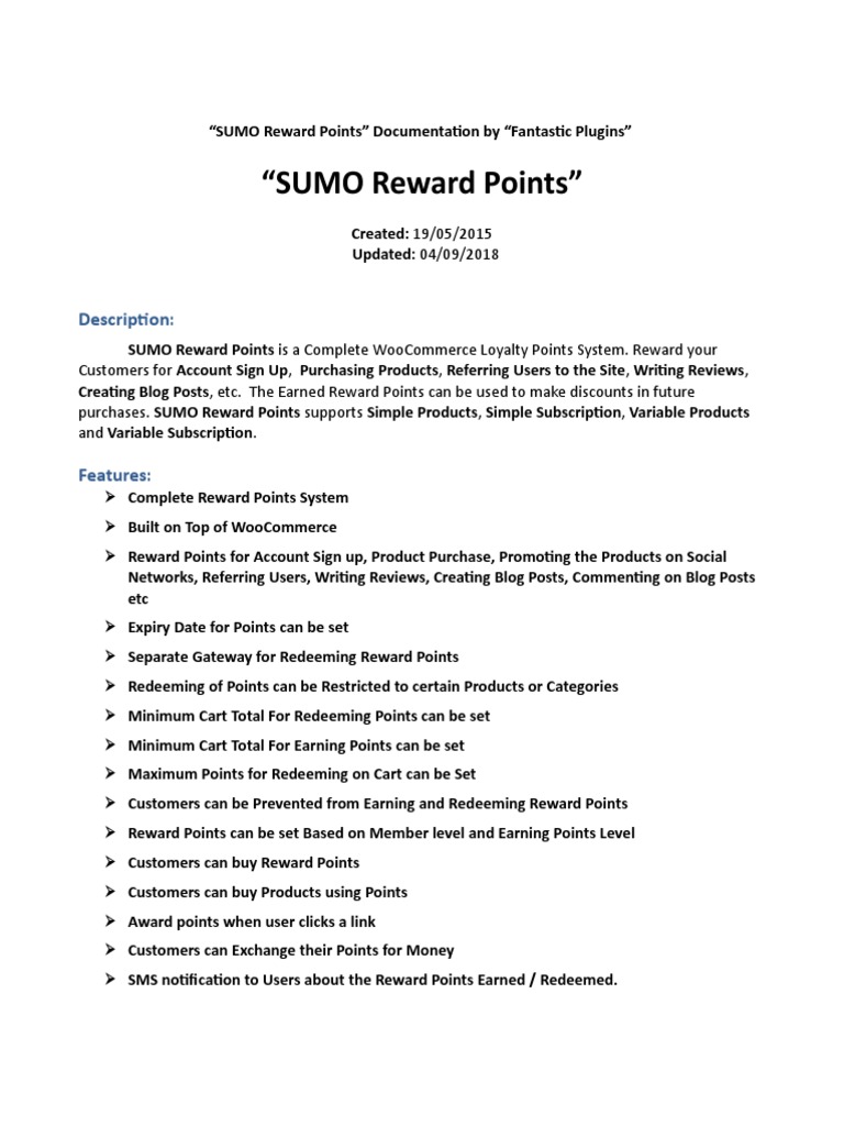 SUMO Reward Points Documentation | PDF | Loyalty Program | Gift Card