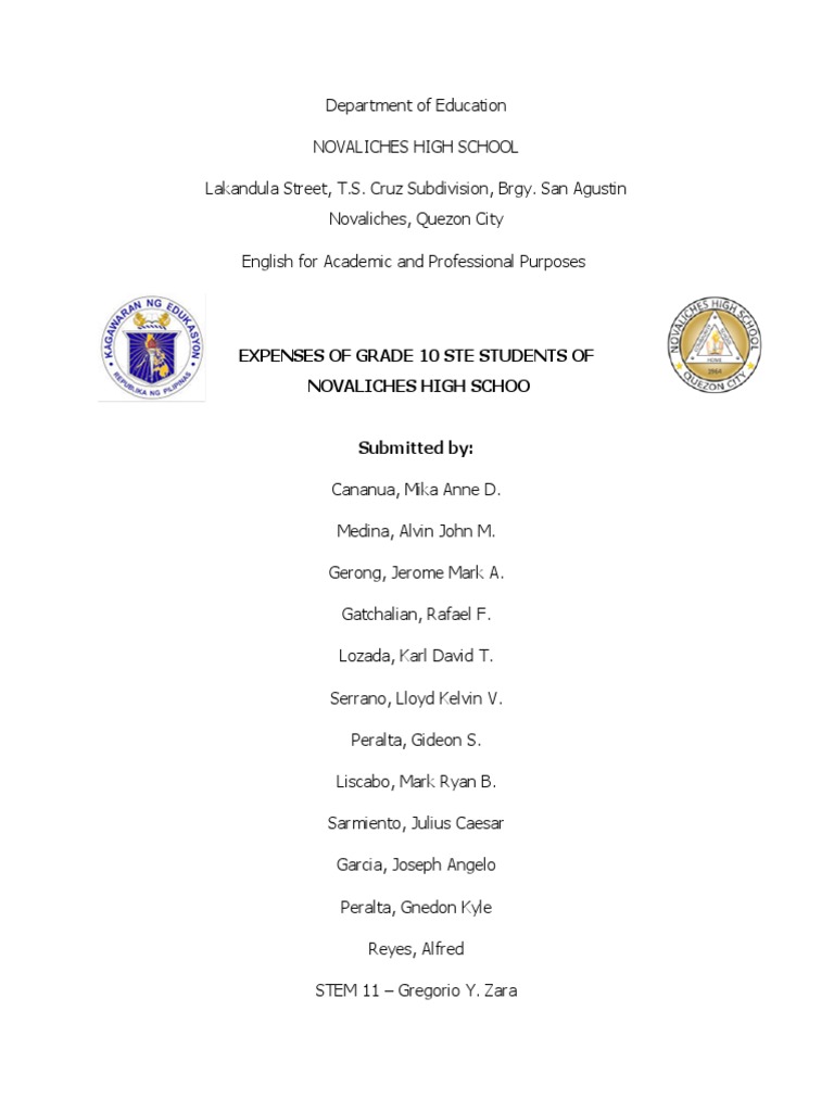 Expenses of Grade 10 Ste Students of Novaliches High Schoo Submitted by ...