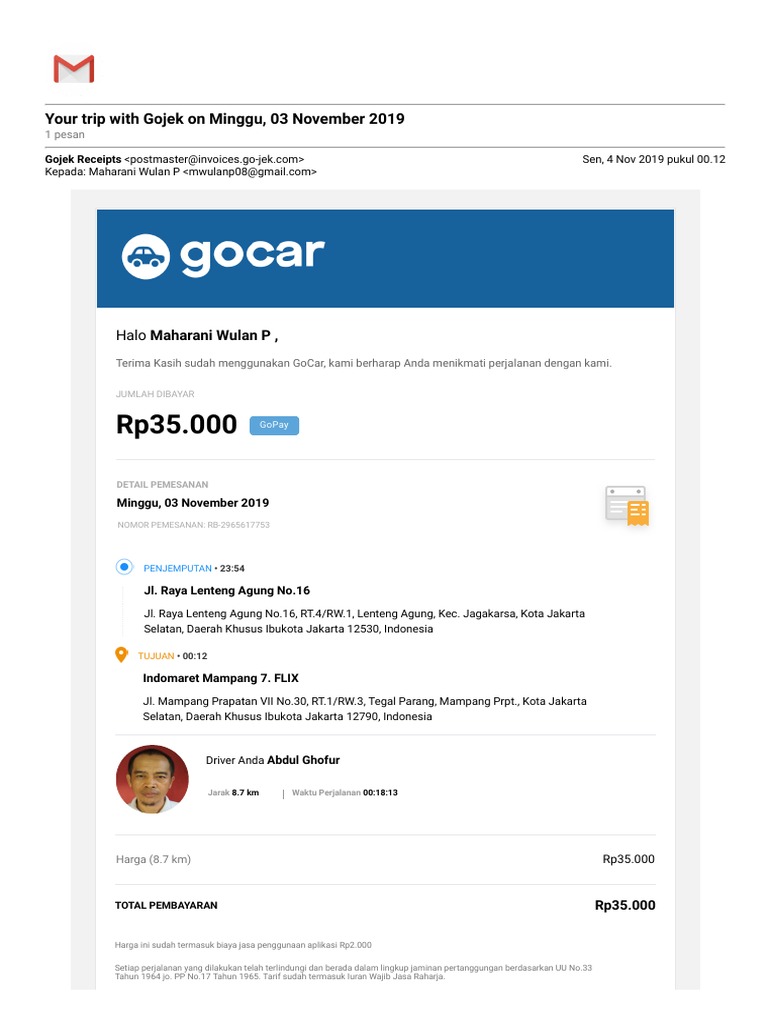Struk Perjalanan GoCar Anda | PDF
