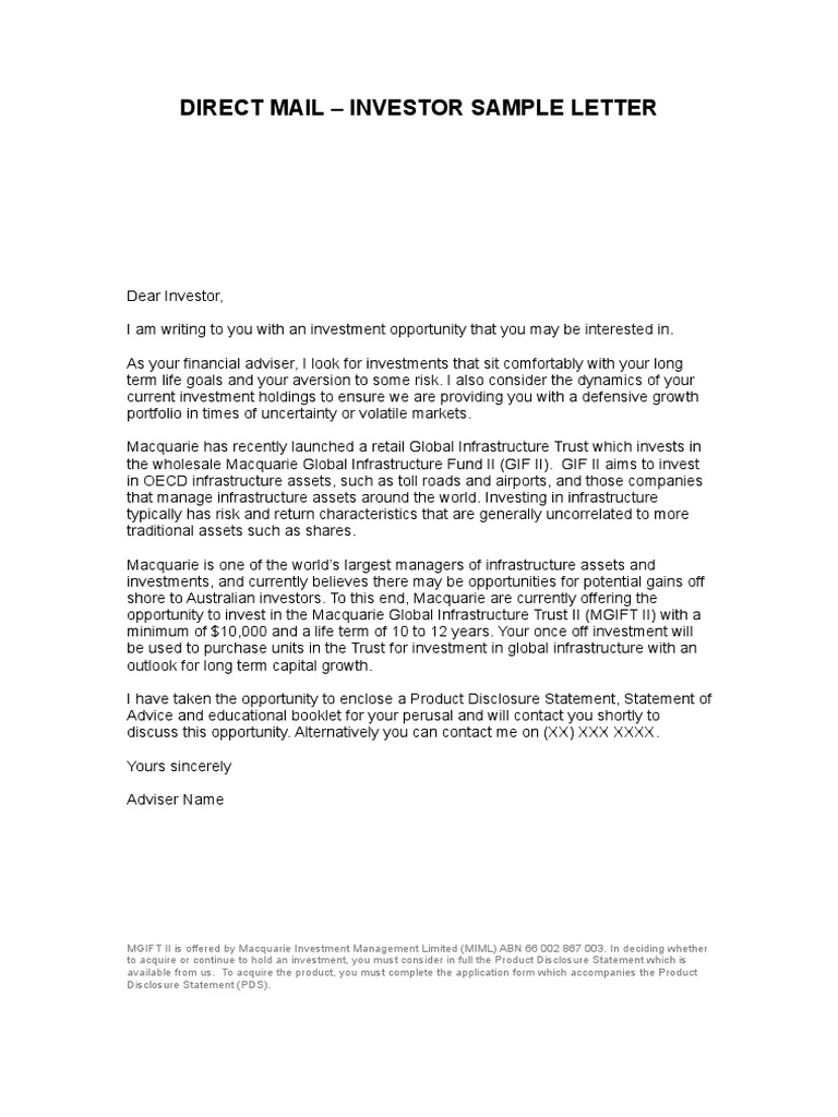 Direct Mail - Investor Sample Letter | PDF | Finance & Money Management