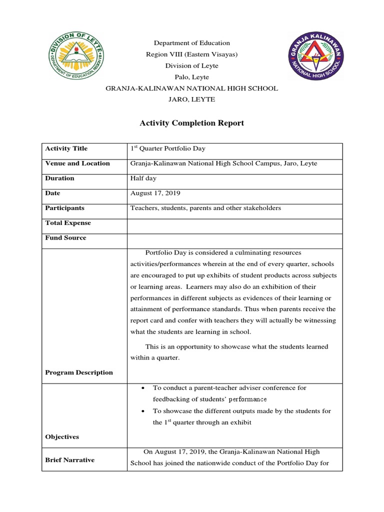 Activity Completion Report: Activity Title Venue and Location Duration ...