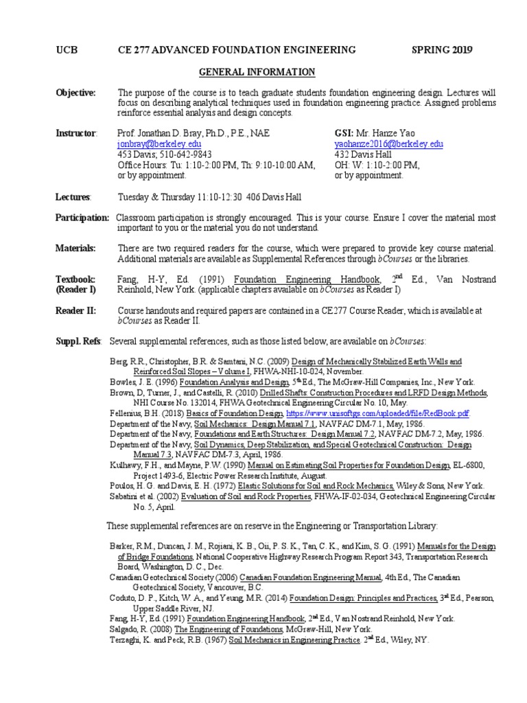 UCB Ce 277 Advanced Foundation Engineering Spring 2019 | PDF | Deep ...