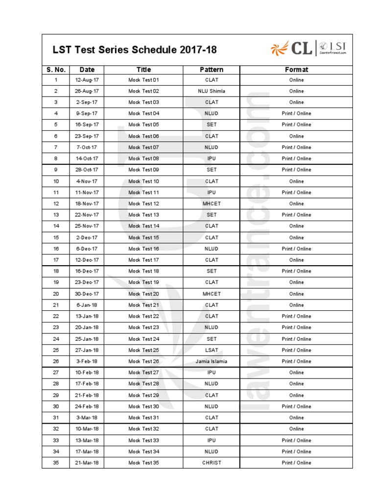 LST Mock Schedule 2017-18 V120717 | PDF | Technology & Engineering