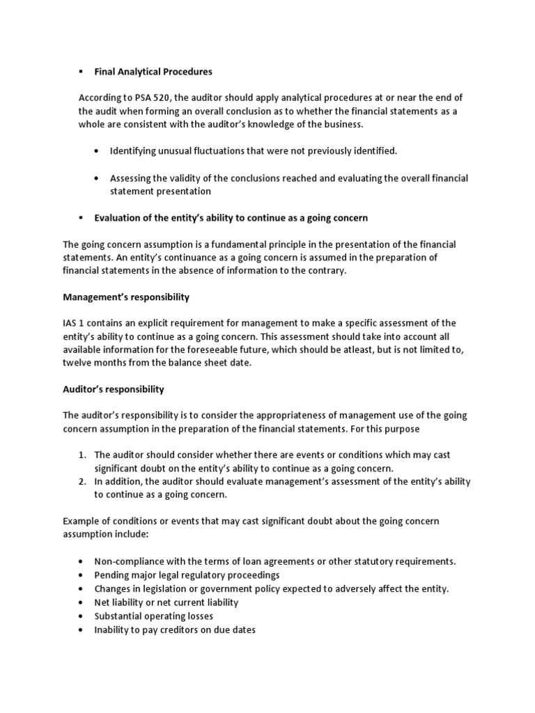 Final Analytical Procedure | PDF | Going Concern | Auditor's Report