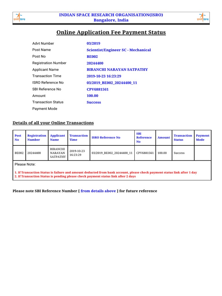 Online Application Fee Payment Status: Indian Space Research Organisation (Isro) Bangalore ...