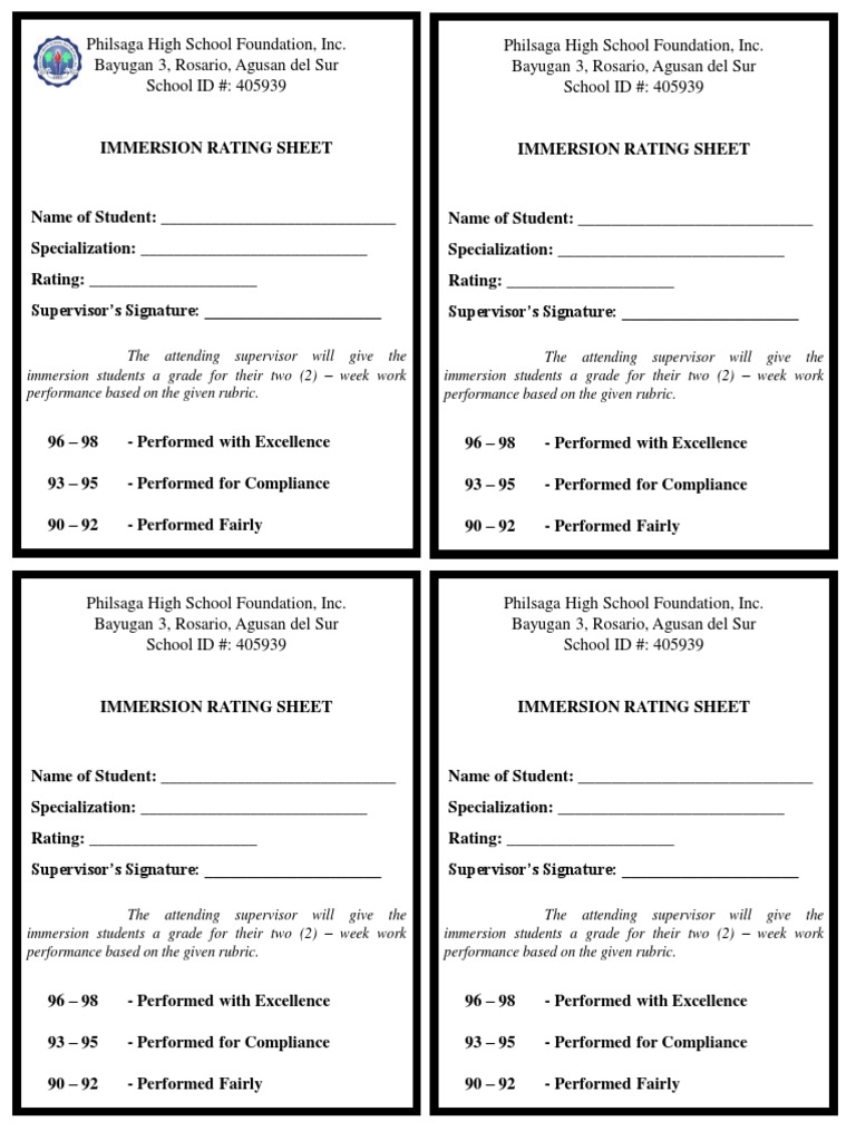 Immersion Rating Sheet | PDF | Change Management | Evaluation Methods