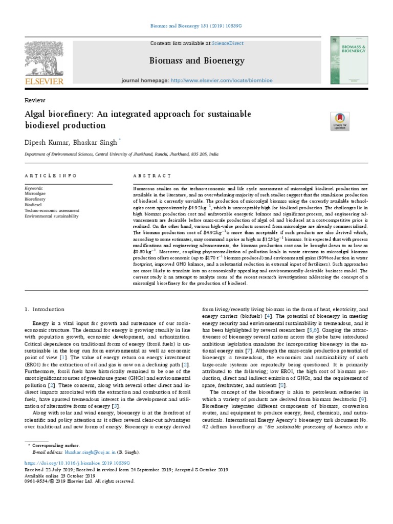 Algal Biorefinery - An Integrated Approach For Sustainable Biodiesel ...