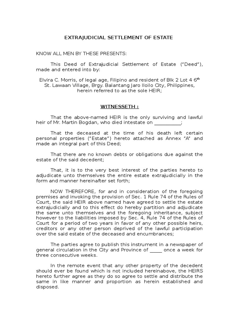 Extrajudicial Settlement of Estate Template | PDF | Inheritance | Deed