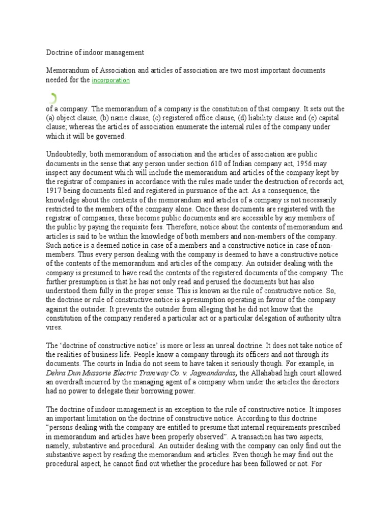 Doctrine of Indoor Management | PDF | Articles Of Association | Justice