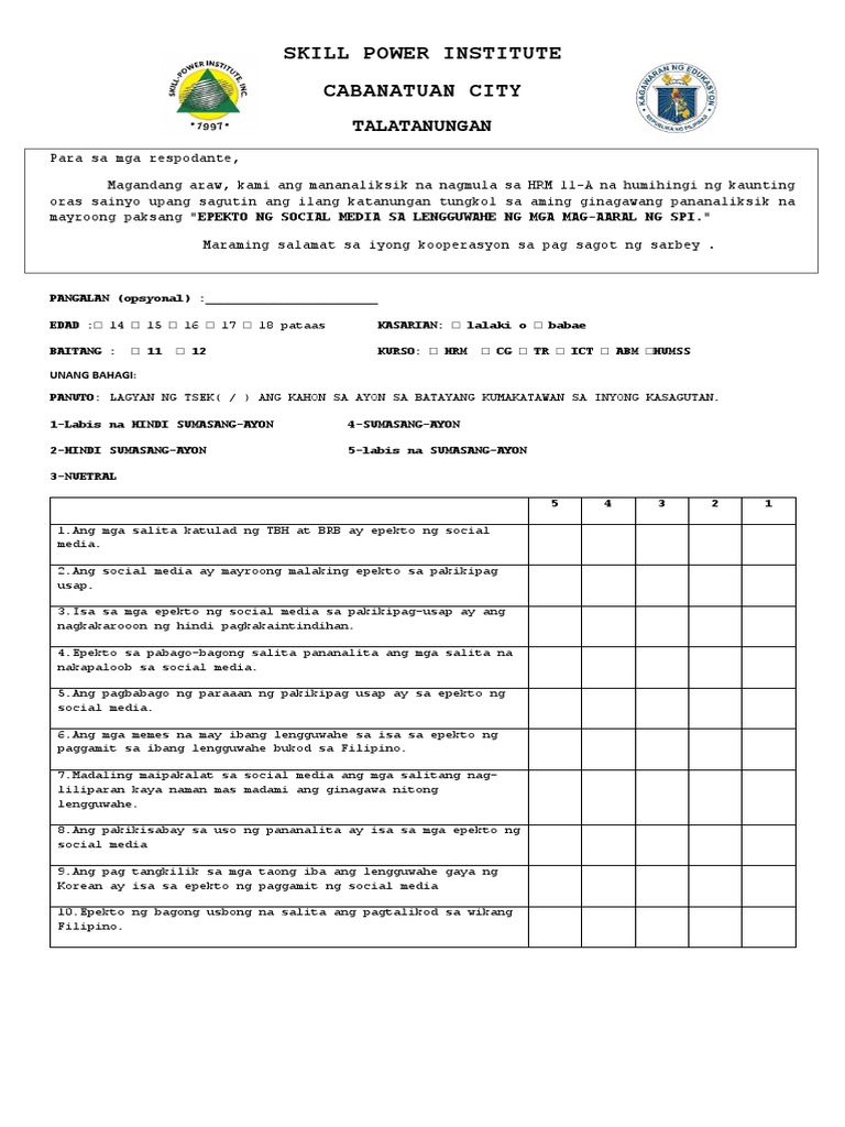 Survey or Questionnaire For SHS. | PDF