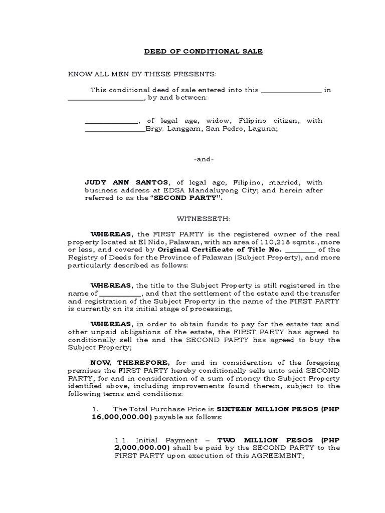 Deed of Conditional Sale Sample 13 | PDF | Deed | Payments
