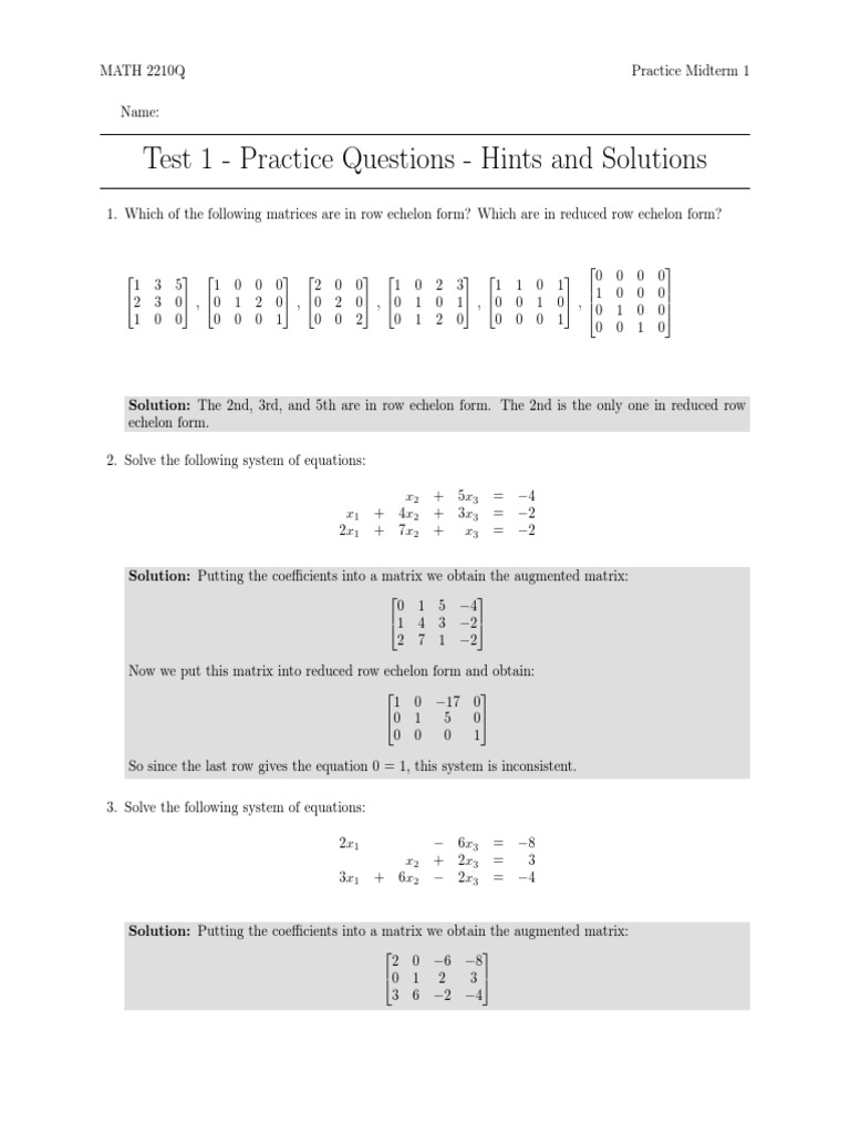 Test 1 - Practice Questions - Hints and Solutions | PDF | Linear Map ...