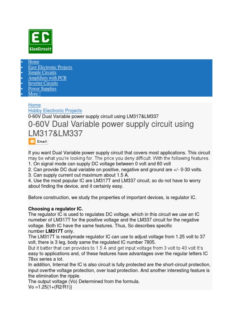 0-60V Dual Variable Power Supply Circuit Using LM317&LM337 | PDF ...