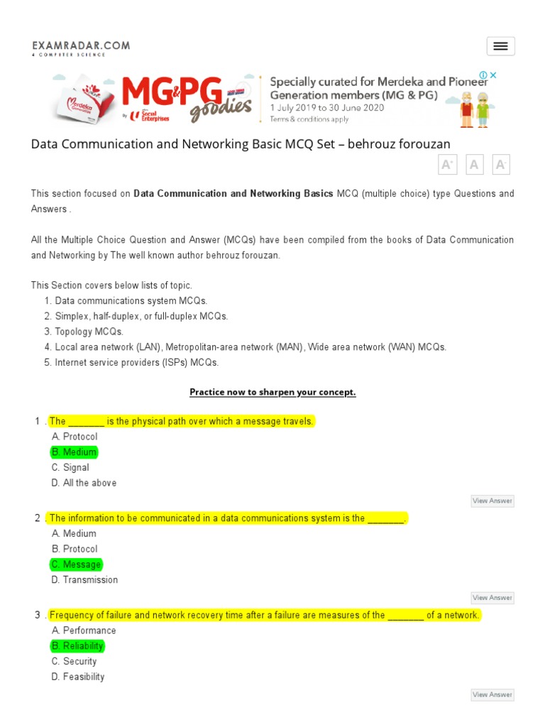 Data Communication MCQs for Networking | PDF | Osi Model | Internet ...