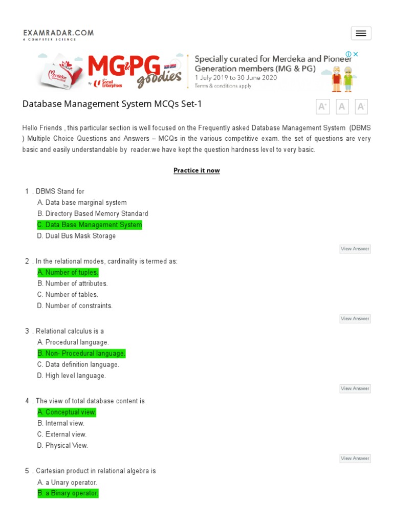 DBMS MCQ | PDF | Relational Database | Databases