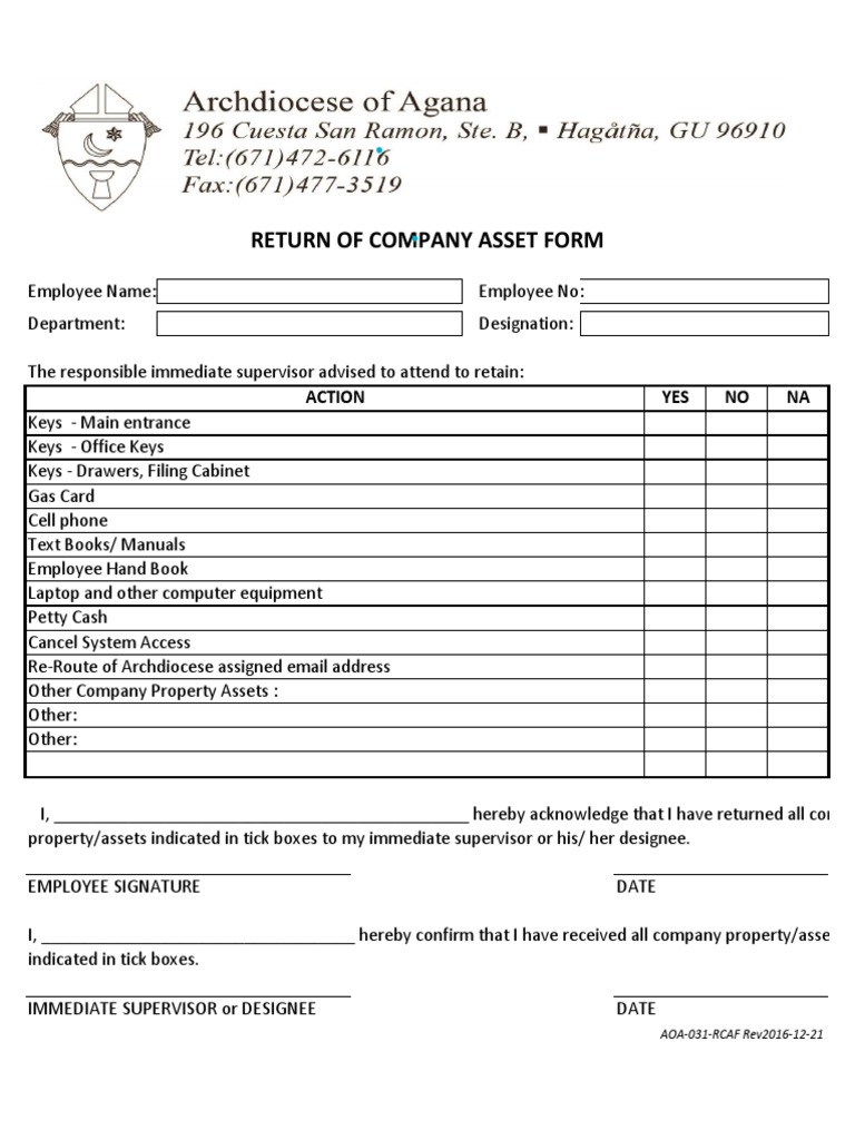 Company Asset Return Acknowledgement Form | PDF