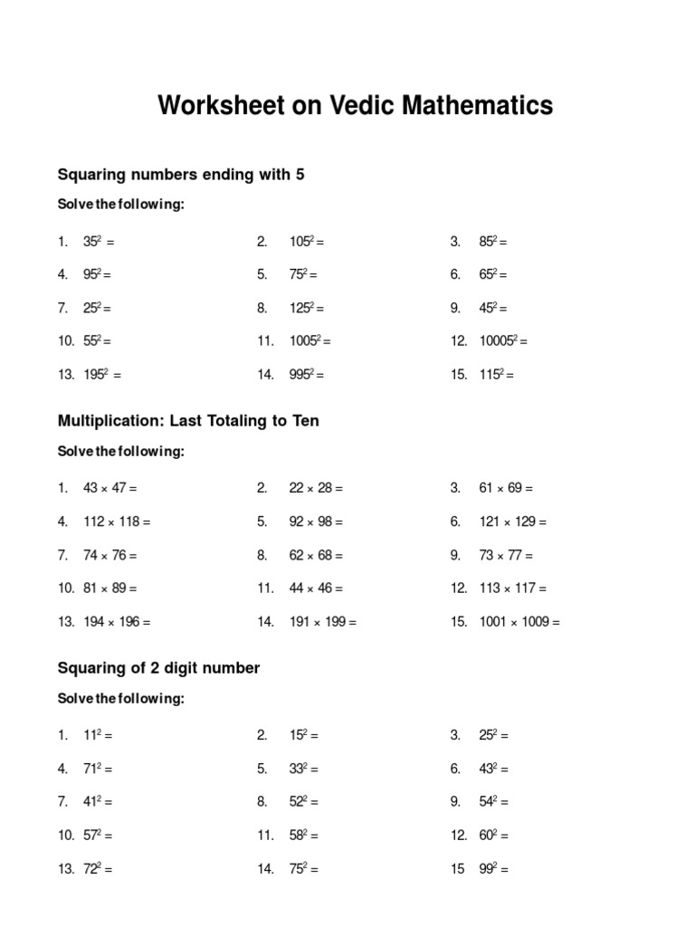Worksheet Vedic Mathematics | PDF | Teaching Mathematics