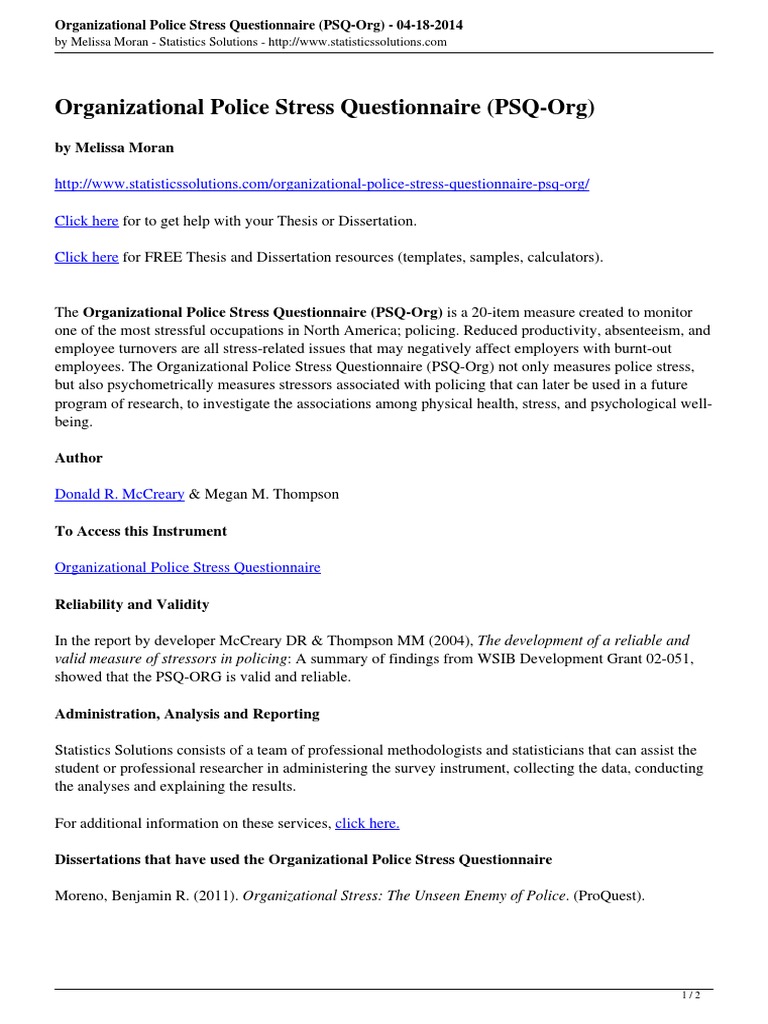 Organizational Police Stress Questionnaire PSQ Org | PDF | Stress ...