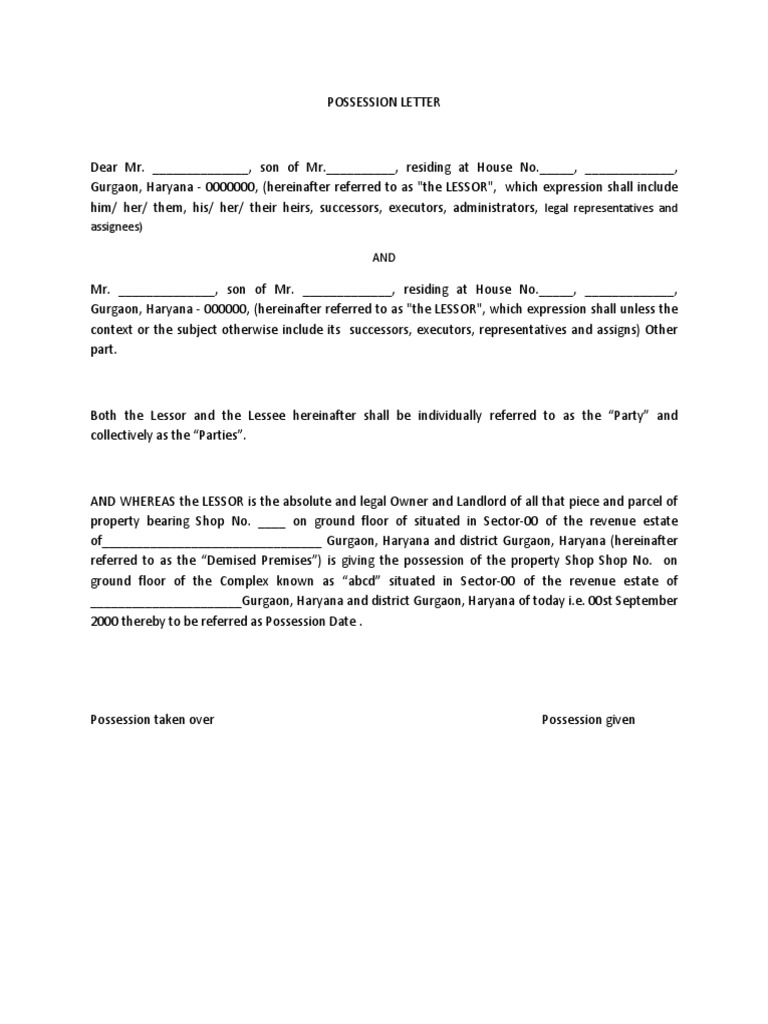 Agreement formalizing the transfer of possession of a leased commercial ...