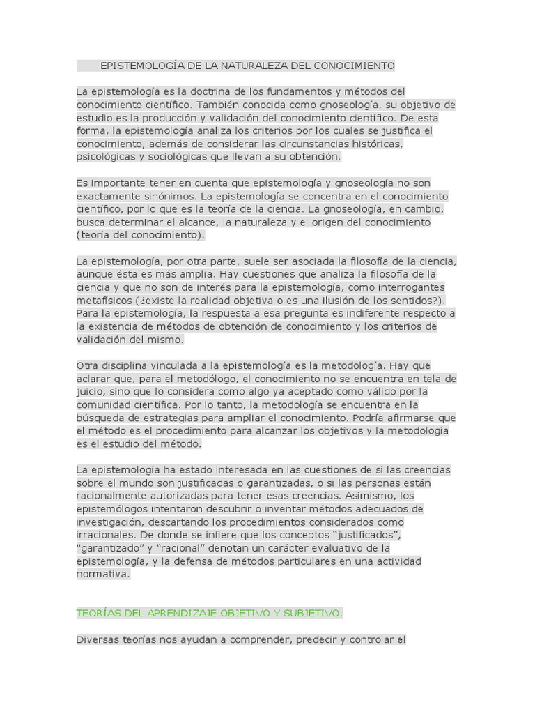Epistemología de La Naturaleza Del Conocimiento | PDF | Epistemología | Teoría del aprendizaje ...