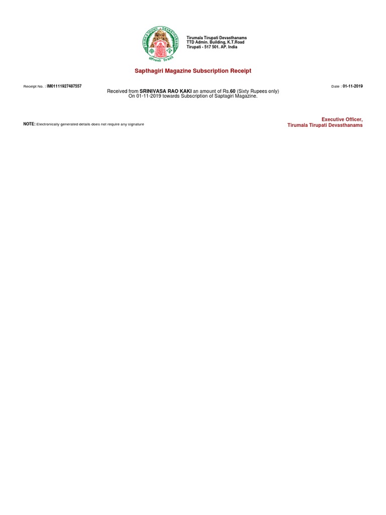 Sapthagiri Magazine Subscription Receipt | PDF