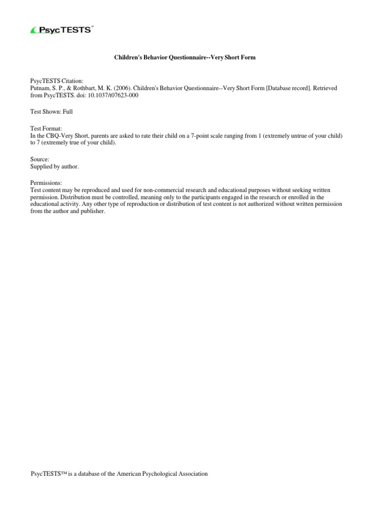 Children's Behavior Questionnaire - Very Short Form | PDF ...