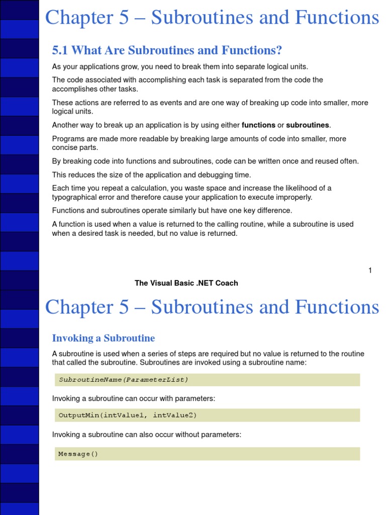 5.1 What Are Subroutines and Functions? | PDF | Subroutine | Visual Basic .Net