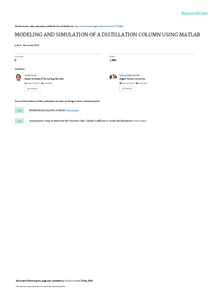 Modeling and Simulation of A Distillation Column Using Matlab | PDF ...