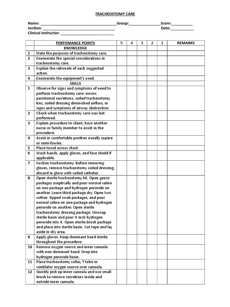 Tracheostomy Care Procedure Checklist | PDF | Medicine | Medical Specialties