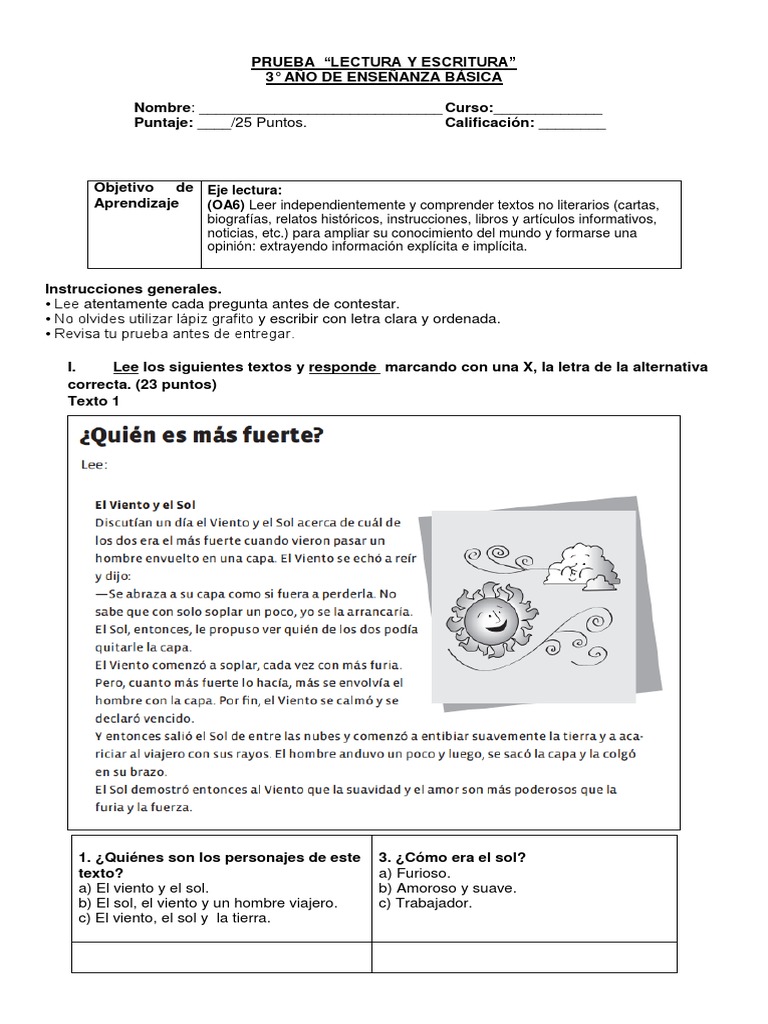 Prueba de Lectura y Escritura 3° Básico | PDF | Cumpleaños | Alimentos