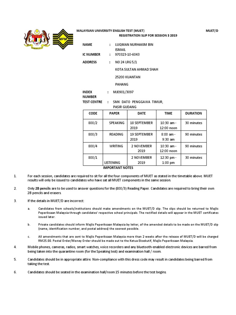 Name: Ic Number: Address:: Malaysian University English Test (Muet ...
