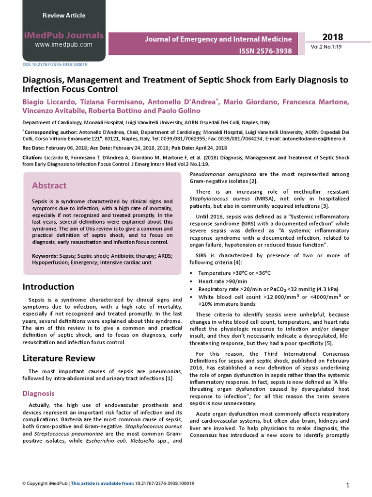 Diagnosis, Management and Treatment of Septic Shock From Early ...