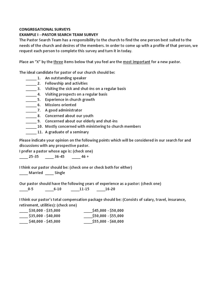 Congregational Survey for New Pastor | PDF | Southern Baptist ...