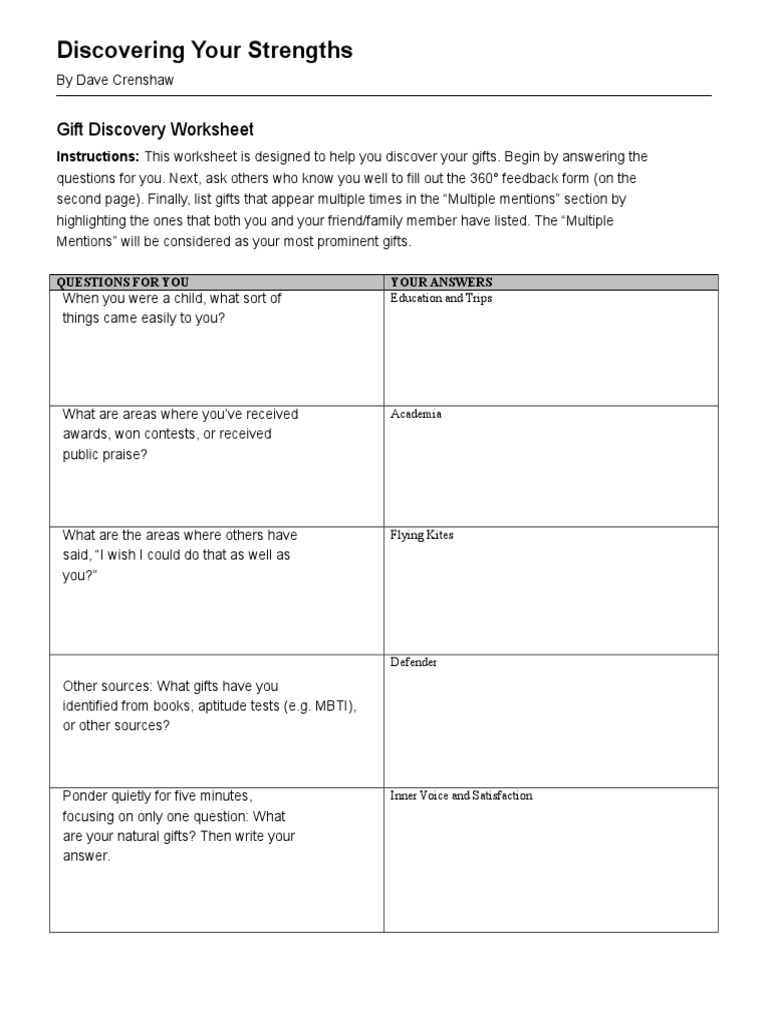 Discovering Your Strengths: Gift Discovery Worksheet | PDF