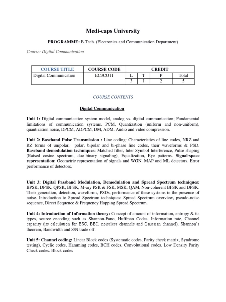 B.Tech Digital Communication Course Overview | PDF | Data Transmission ...