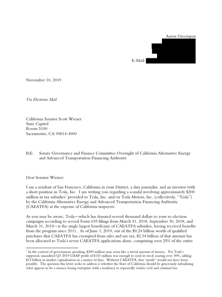 Letter To California State Senator Scott Wiener Regarding Oversight of ...