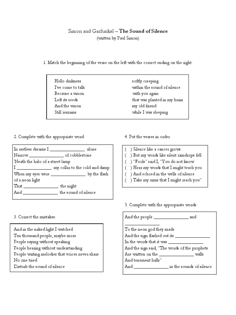 Simon and Garfunkel - The Sound of Silence (Listening Comprehension ...