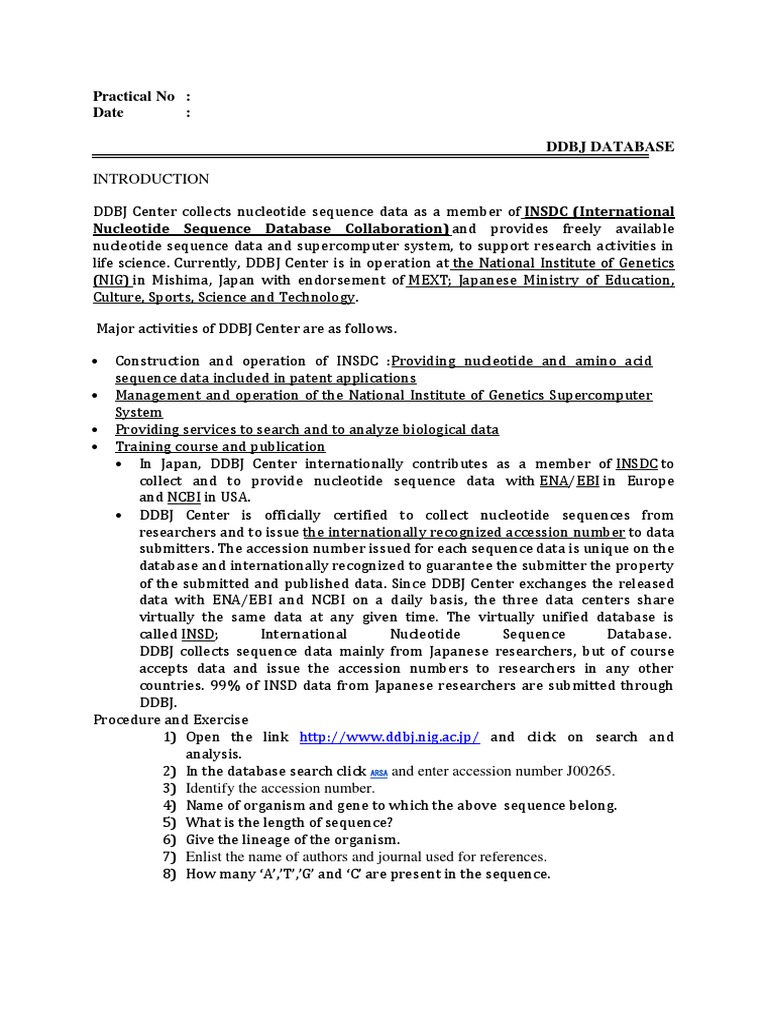 Practical No: Date: DDBJ Database | PDF | Dna Sequencing | National ...