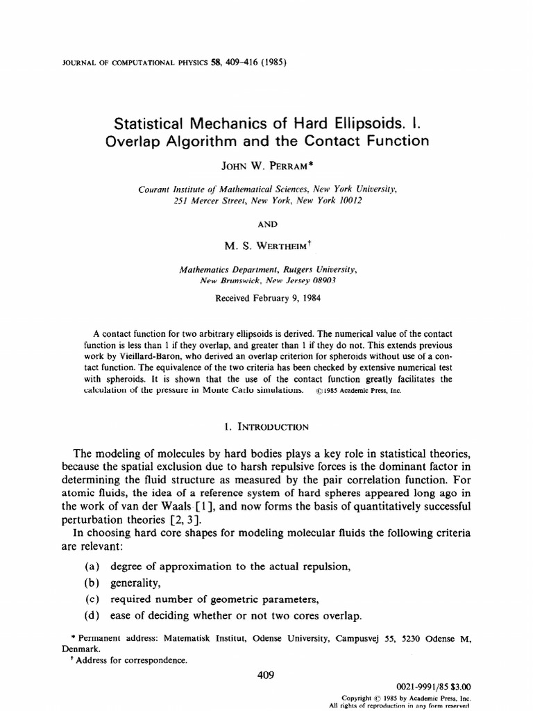 Statistical Mechanics of Hard Ellipsoids. I. Overlap Algorithm and The Contact Function | PDF ...