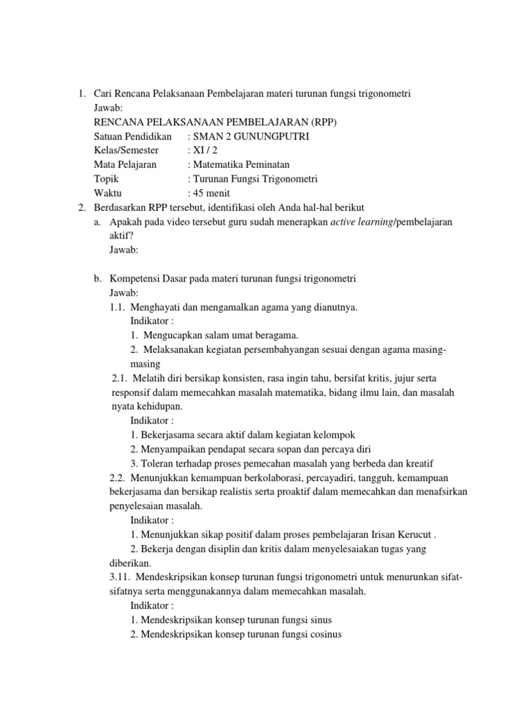 Anggi Ardini Kapsel RPP Turunan Funsi Ttrigonometri | PDF