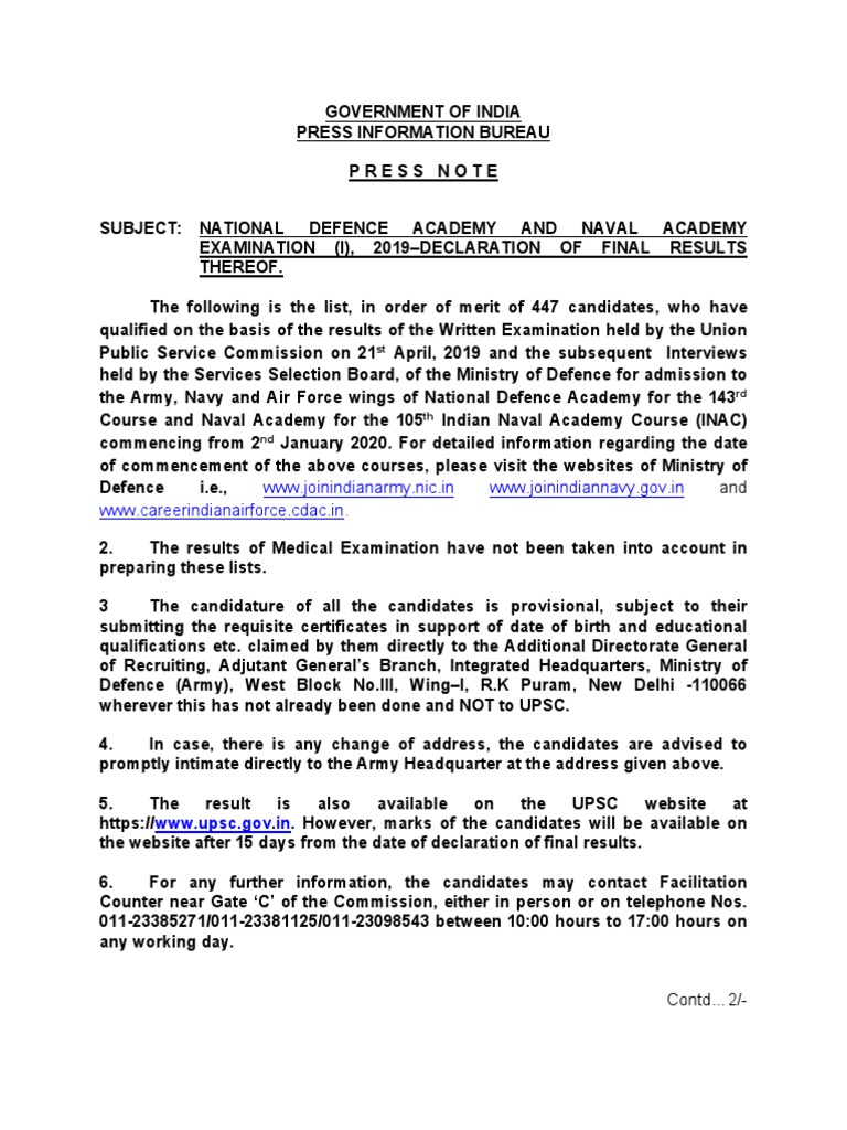 NDA I Final Result 2019 PDF | PDF | Military Science | Defense Policy