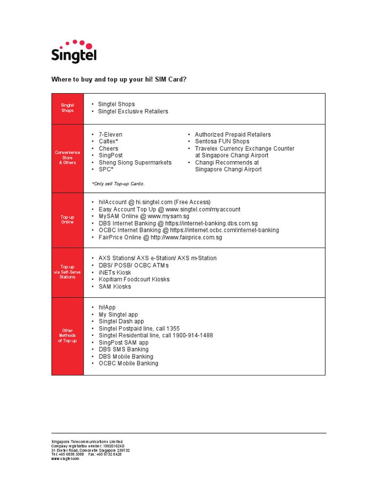 Where To Buy and Top Up Your Hi! SIM Card?: Singtel Shops | PDF ...