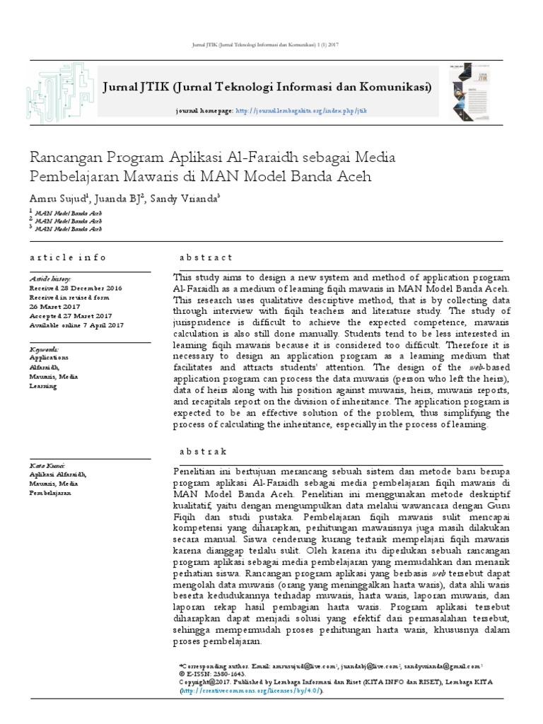 Rancangan Program Aplikasi Al-Faraidh Sebagai Media Pembelajaran Mawaris Di MAN Model Banda Aceh ...