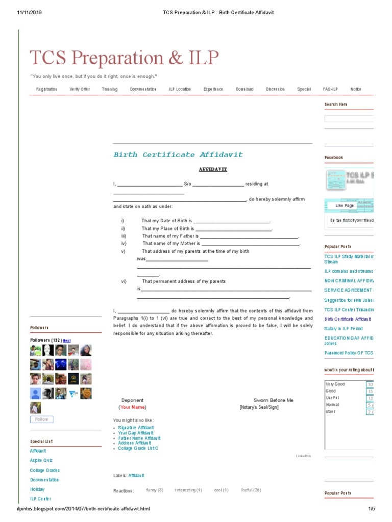 TCS Preparation & ILP - Birth Certificate Affidavit | PDF | Affidavit ...