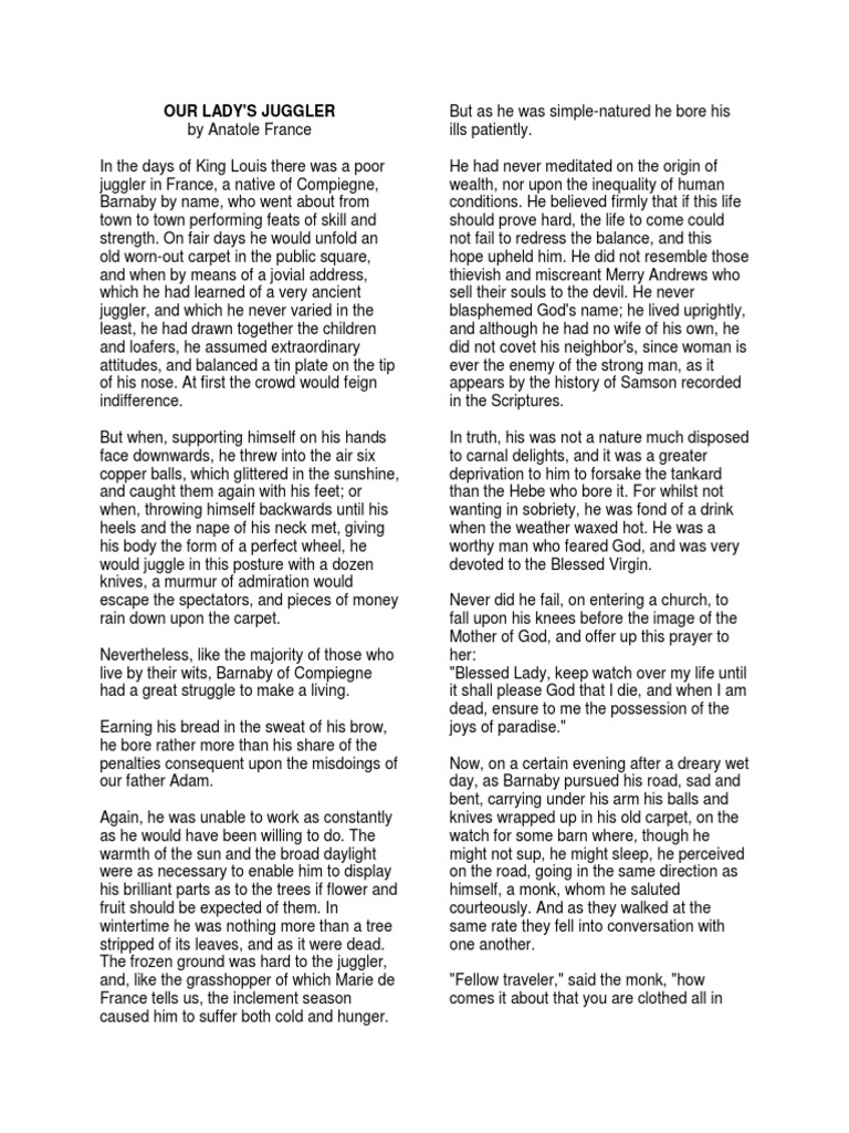 Worksheet5 Our Ladys Juggler | PDF | Monk | Mary, Mother Of Jesus