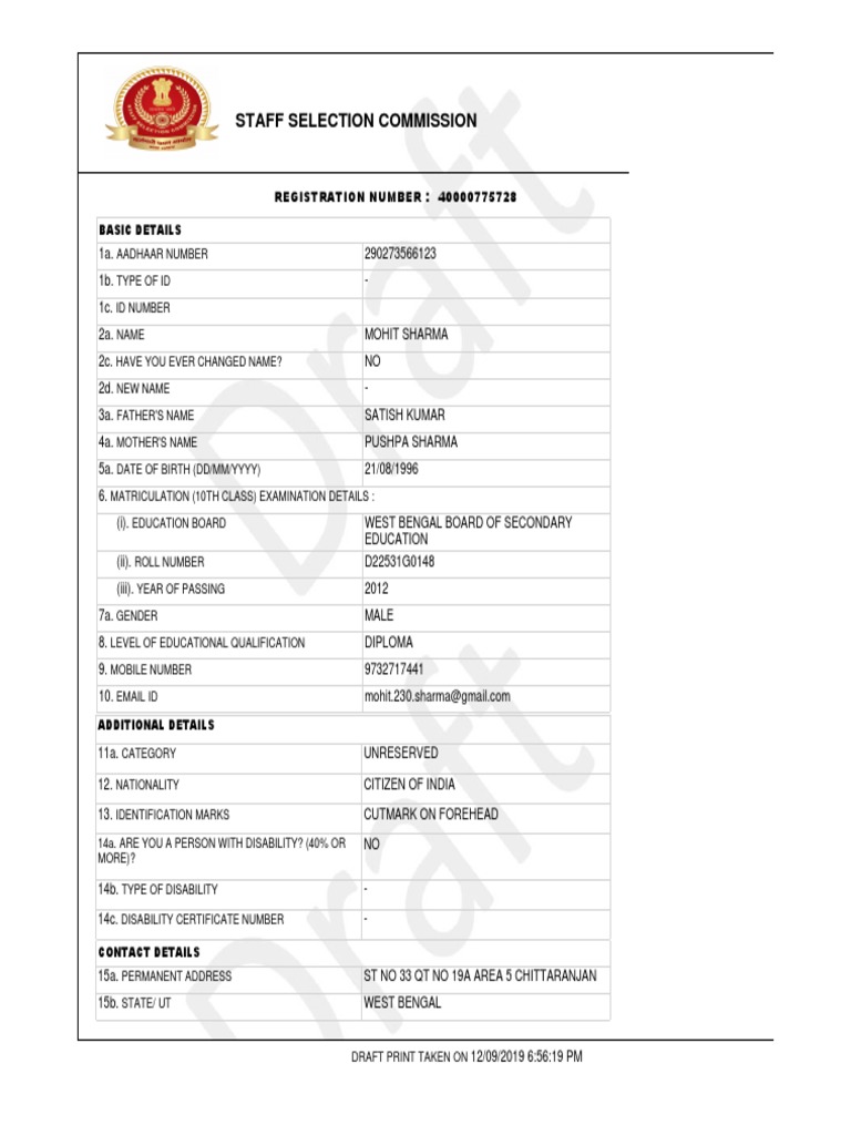 Staff Selection Commission: Registration Number 40000775728 | PDF