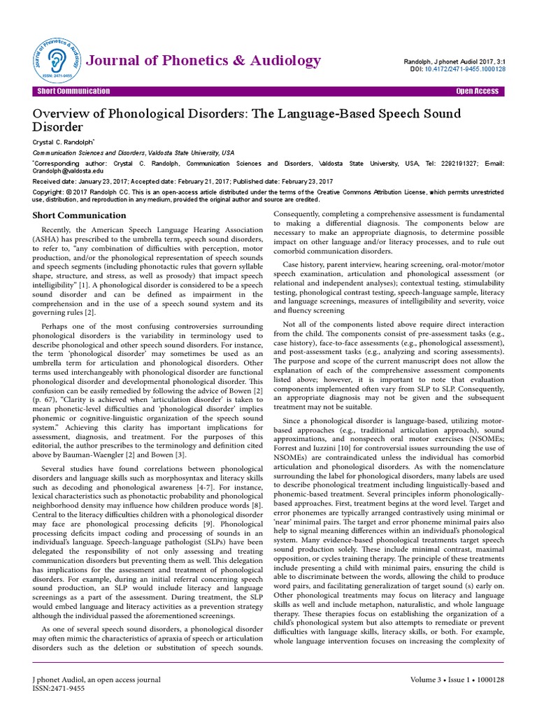 Overview of Phonological Disorders The Languagebased Speech ...