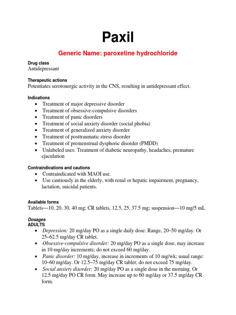 Paxil: Generic Name: Paroxetine Hydrochloride | PDF | Medicine | Drugs