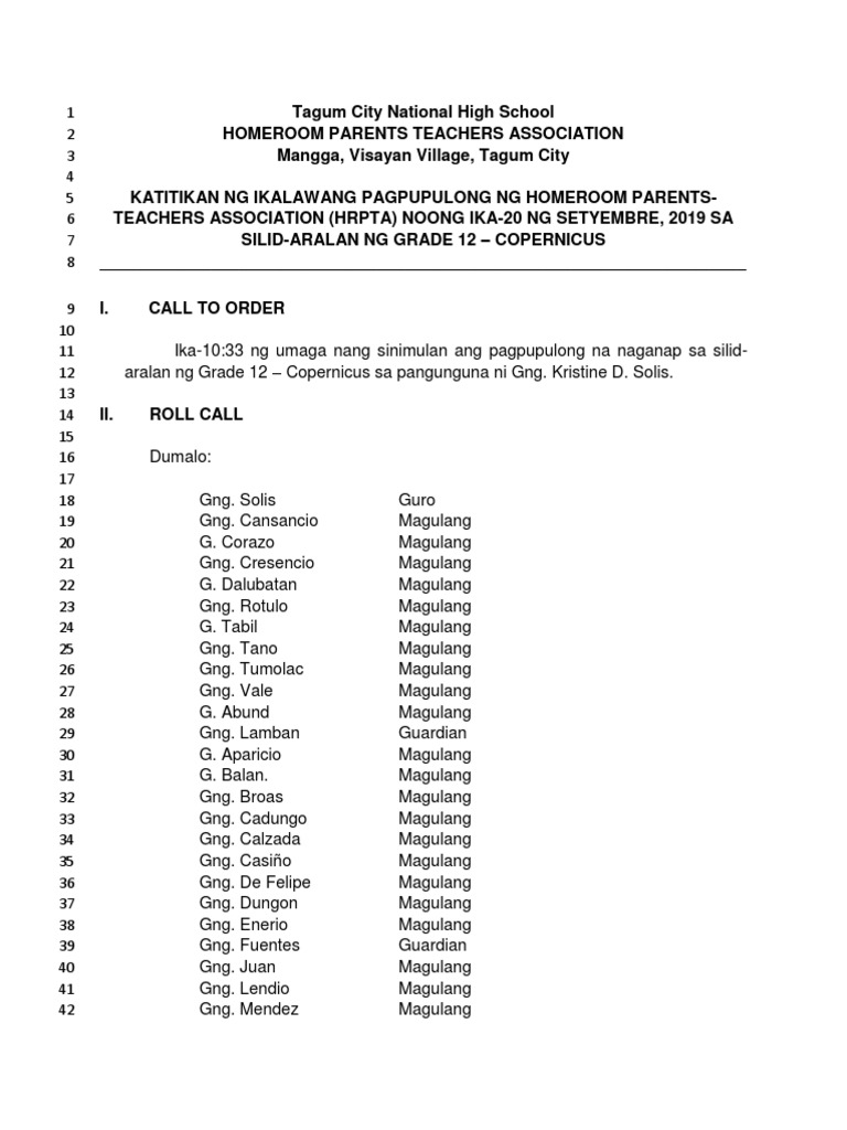 Katitikan NG Pulong (Sample) | PDF